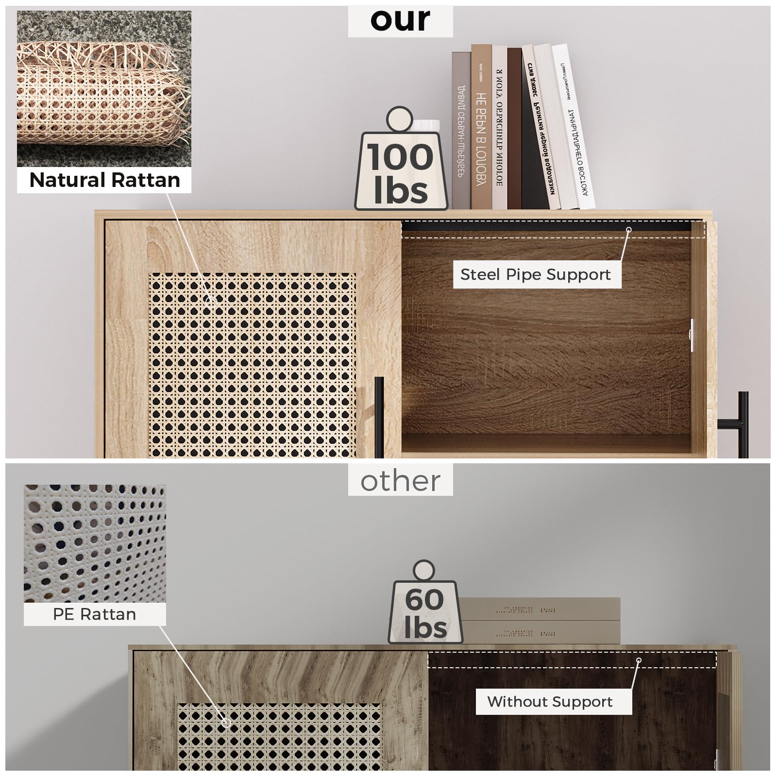 KFO Storage Cabinet with Handmade Natural Rattan Doors, Rattan Buffet Cabinet, Sideboard for Living Room, Hallway, Dining Room, Entryway