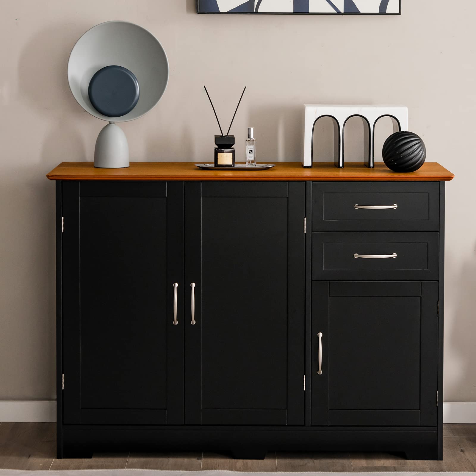 Giantex Buffet Sideboard Storage Credenza Cabinet Console Table Kitchen Dining Room Furniture Organizer, Entryway Cupboard with 2-Door Cabinet and 2 Drawers (Black & Vermilion)