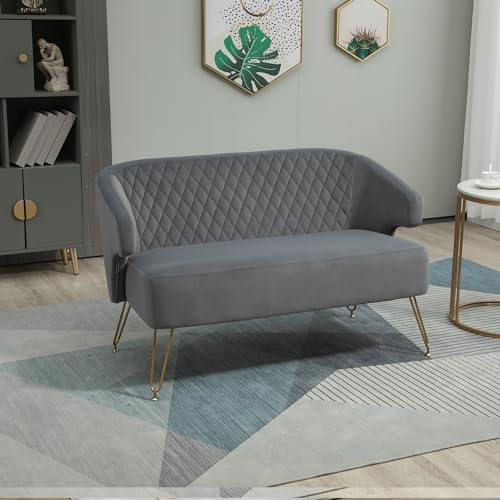 QQU Modern Velvet Loveseat Sofa, Comfy Upholstered Seat Couch with Metal Legs, 2-Seater Accent Sofa Chair, Living Room Sofa with Tufted Backrest, Grey