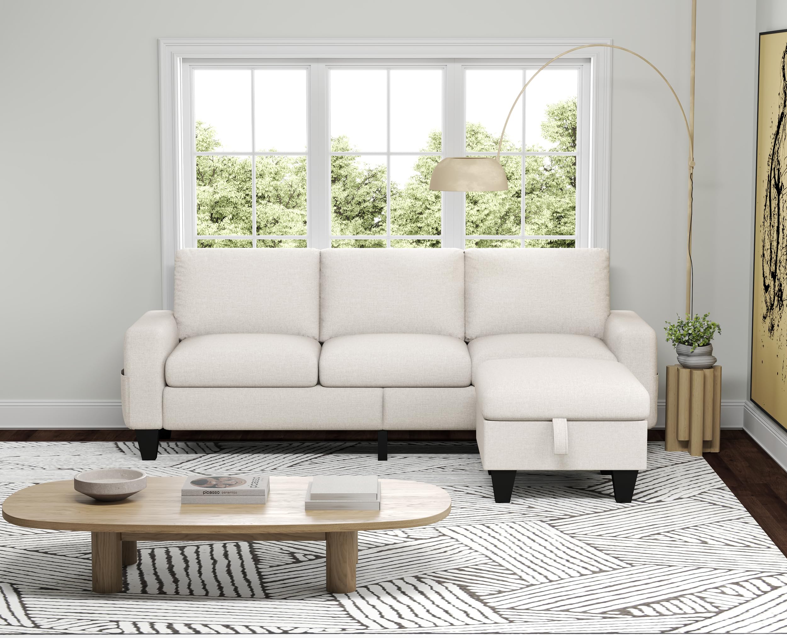 Yattem Convertible Sectional Sofa Couch:Modern L-Shaped Sofa Couches with Reversible Storage Ottoman & Side Storage Pockets - 3-Seat Beige Linen Sofa Couch for Living Room/Apartment/Studio/Small Space