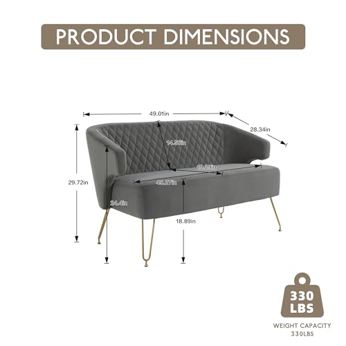 QQU Modern Velvet Loveseat Sofa, Comfy Upholstered Seat Couch with Metal Legs, 2-Seater Accent Sofa Chair, Living Room Sofa with Tufted Backrest, Grey