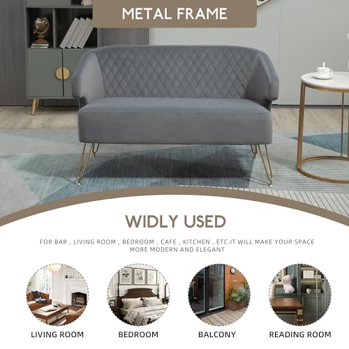 QQU Modern Velvet Loveseat Sofa, Comfy Upholstered Seat Couch with Metal Legs, 2-Seater Accent Sofa Chair, Living Room Sofa with Tufted Backrest, Grey