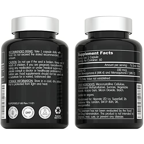 Vitamin K2 Capsules 100 mcg - Vitamin K Complex MK-7 & MK-4-60 Capsules - VIT K2 2 in 1 Formula High Strength Supplement MK7 MK4 - Made in USA - Vegan & Non-GMO