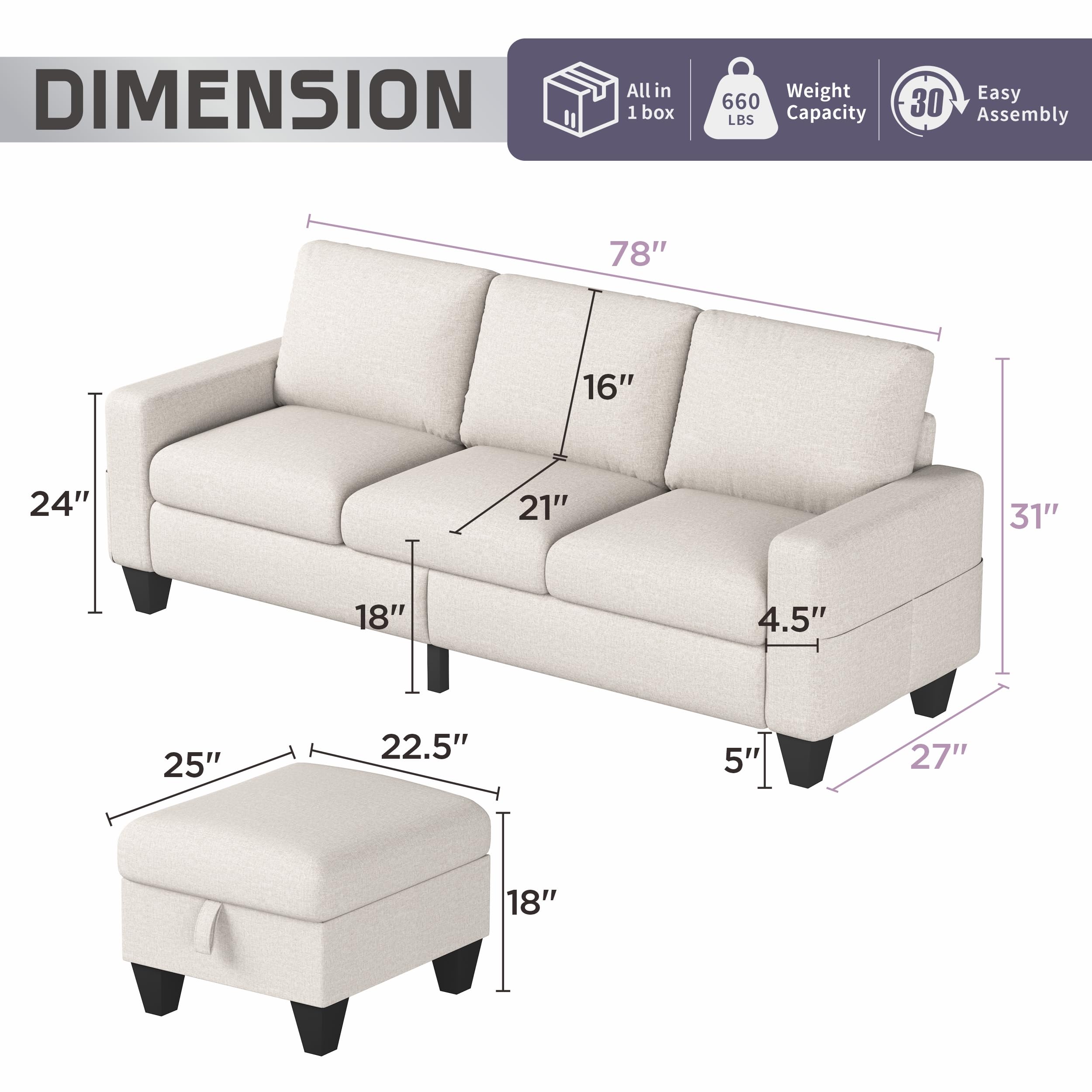 Yattem Convertible Sectional Sofa Couch:Modern L-Shaped Sofa Couches with Reversible Storage Ottoman & Side Storage Pockets - 3-Seat Beige Linen Sofa Couch for Living Room/Apartment/Studio/Small Space