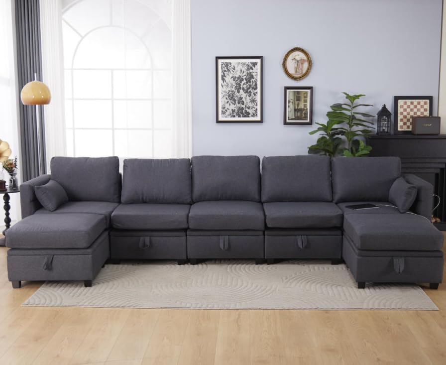 RVEE U-Shaped Convertible Sectional Sofa with USB Charging Station Wide Chaise Lounge Modern Modular Couch with Ottomans Sleeper Sofa with Storage Seat (Dark Gray, U-Shaped 7 Seater B)