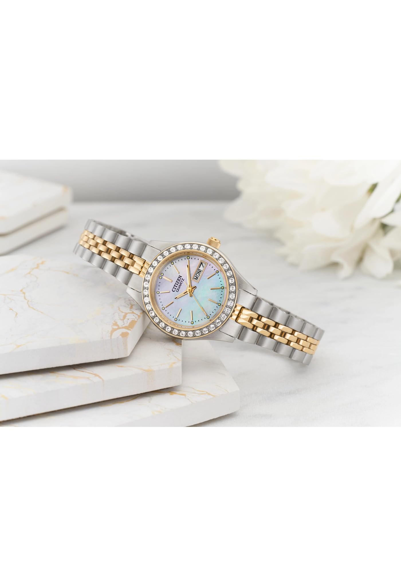 Citizen Ladies' Quartz Dress Bracelet Watch with Crystals, Two-Tone Gold and Day Date