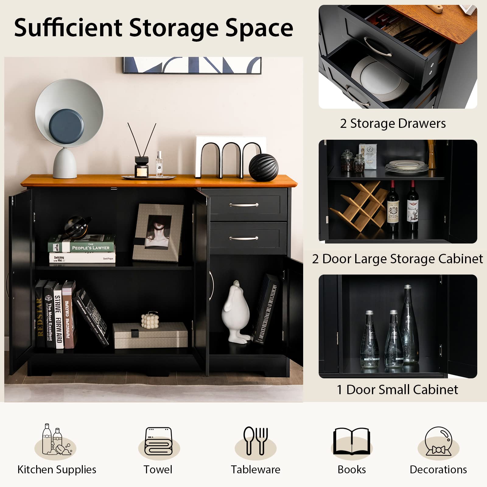Giantex Buffet Sideboard Storage Credenza Cabinet Console Table Kitchen Dining Room Furniture Organizer, Entryway Cupboard with 2-Door Cabinet and 2 Drawers (Black & Vermilion)
