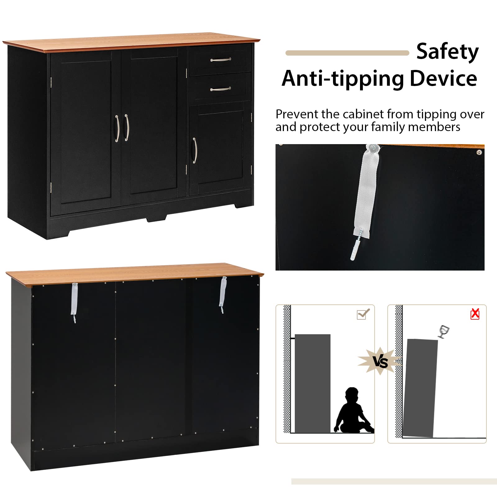 Giantex Buffet Sideboard Storage Credenza Cabinet Console Table Kitchen Dining Room Furniture Organizer, Entryway Cupboard with 2-Door Cabinet and 2 Drawers (Black & Vermilion)