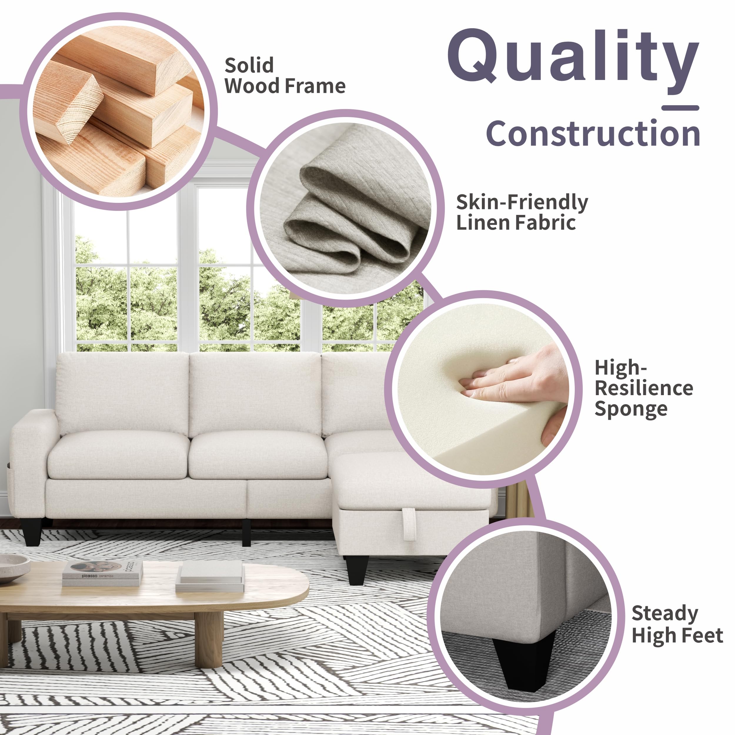 Yattem Convertible Sectional Sofa Couch:Modern L-Shaped Sofa Couches with Reversible Storage Ottoman & Side Storage Pockets - 3-Seat Beige Linen Sofa Couch for Living Room/Apartment/Studio/Small Space