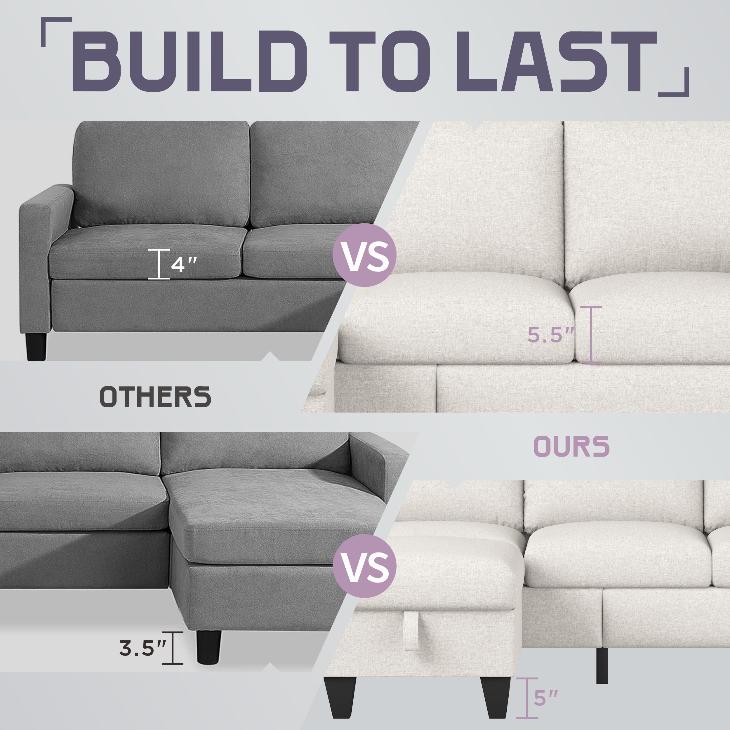 Yattem Convertible Sectional Sofa Couch:Modern L-Shaped Sofa Couches with Reversible Storage Ottoman & Side Storage Pockets - 3-Seat Beige Linen Sofa Couch for Living Room/Apartment/Studio/Small Space