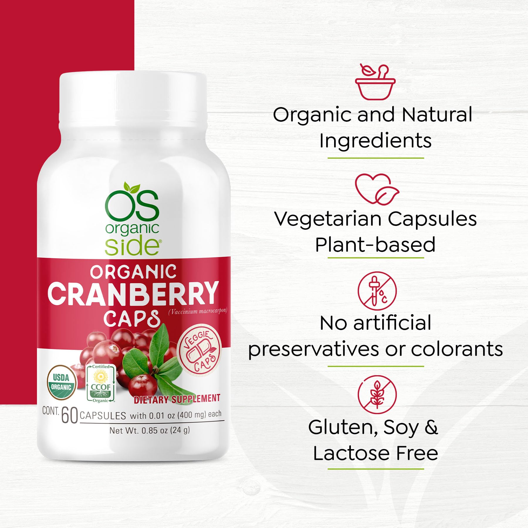 OS Organic Side - Organic Cranberry 60 Capsules - Prevention of UTI - Certified USDA - Non GMO - Vegan