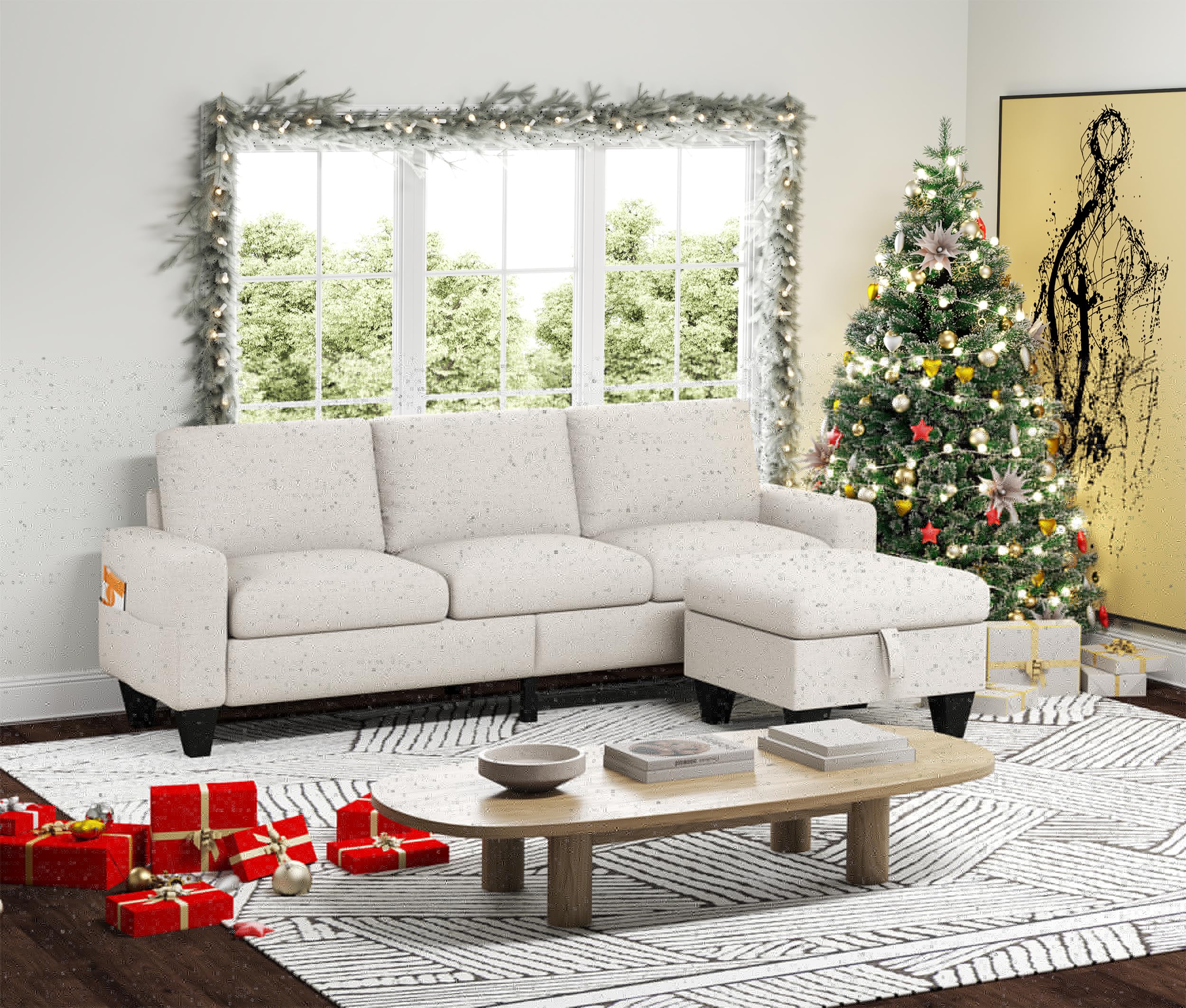 Yattem Convertible Sectional Sofa Couch：Modern L-Shaped Sofa Couches with Reversible Storage Ottoman & Side Storage Pockets - 3-Seat Beige Linen Sofa Couch for Living Room/Apartment/Studio/Small Space