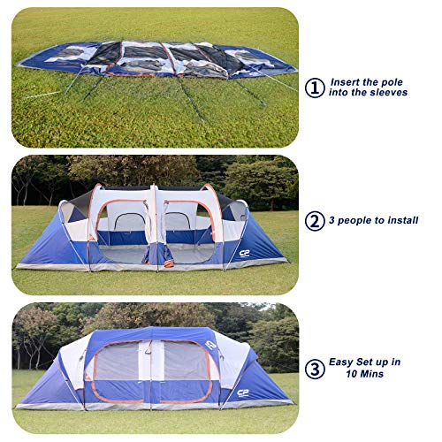 CAMPROS Tent-12-Person-Camping-Tents, Waterproof Windproof Family Tent with Top Rainfly, 6 Large Mesh Windows, Double Layer, Easy Set Up, Portable with Carry Bag, for All Seasons - Blue
