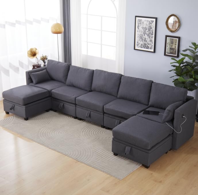 RVEE U-Shaped Convertible Sectional Sofa with USB Charging Station Wide Chaise Lounge Modern Modular Couch with Ottomans Sleeper Sofa with Storage Seat (Dark Gray, U-Shaped 7 Seater B)