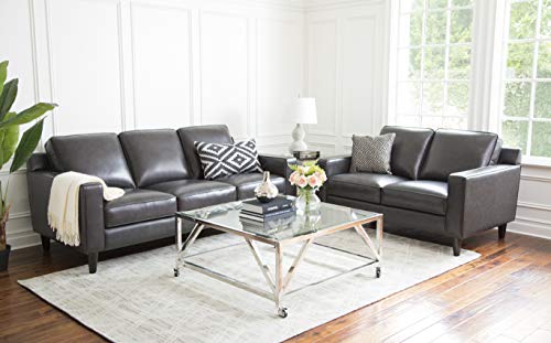 Abbyson Living Milton Leather Sofa & Loveseat - Modern Design, Top Grain Leather, Espresso Wood Accents, 2 Piece Set, Gray