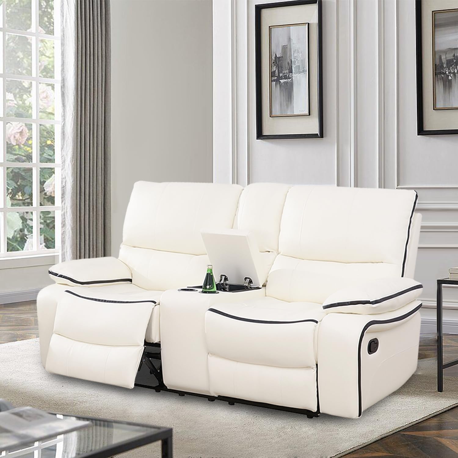 GEBADOL Manual Recliner Sofa Set, Bonded Leather Sofa with Reclining Seaters, Reclining Couch Set with Storage Console and Cup Holders for Living Room/Bedroom/Office/Apartment, Creamy-White