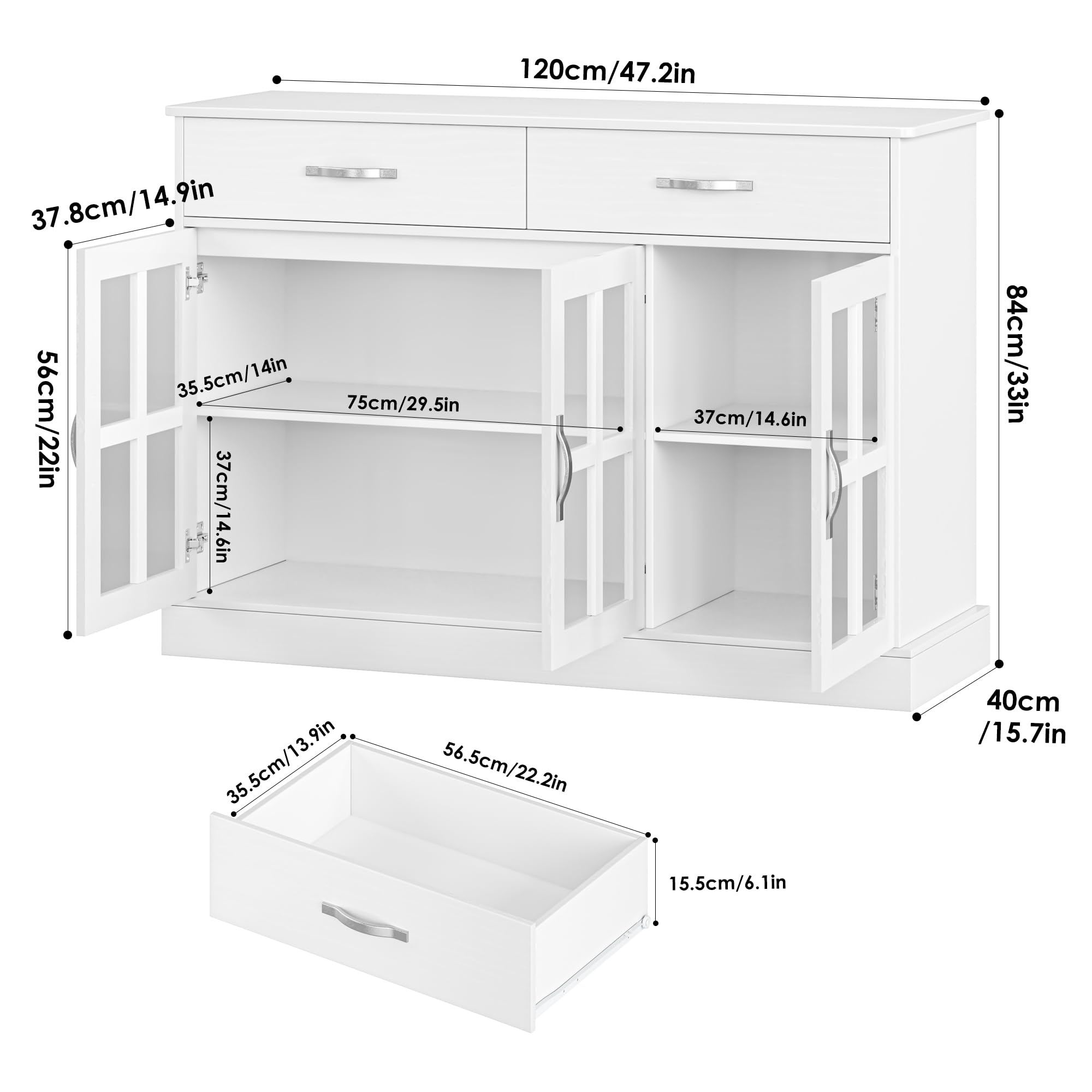 FOTOSOK Sideboard Buffet Cabinet with Glass Doors, Buffet Sideboard Kitchen Sideboard Cabinet Buffet Table with 2 Storage Drawers & Shelves for Dining Living Room, White