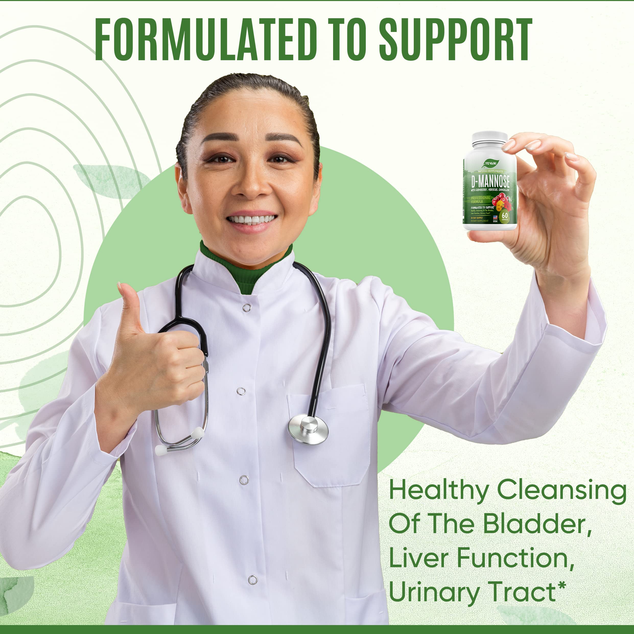 YEVANI 100% Pure D-Mannose Capsules 1000 mg with Cranberry, Hibiscus, and Dandelion Extract, Fast Acting Professional UTI Prevention Formula for Urinary Tract Health and Bladder Support