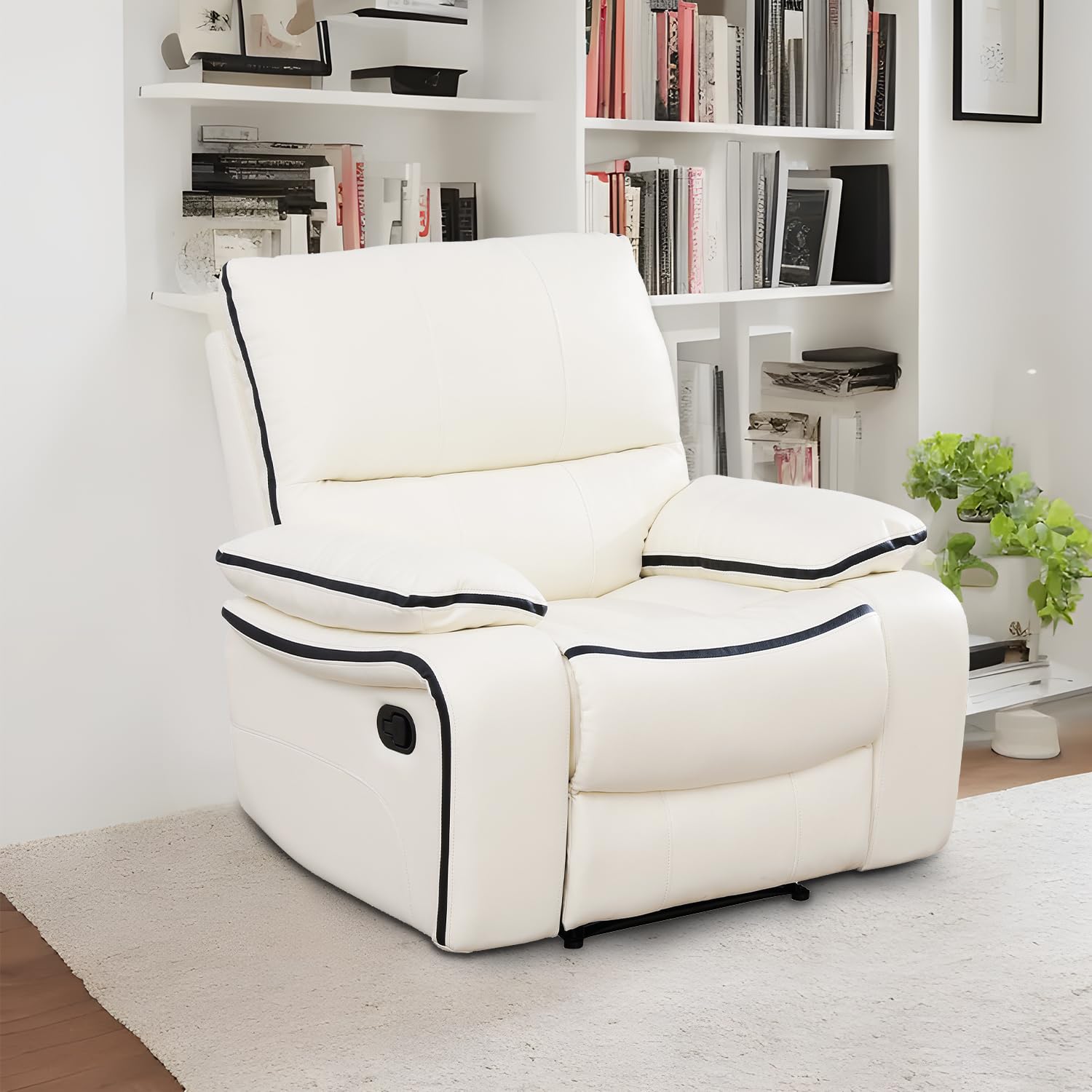 GEBADOL Manual Recliner Sofa Set, Bonded Leather Sofa with Reclining Seaters, Reclining Couch Set with Storage Console and Cup Holders for Living Room/Bedroom/Office/Apartment, Creamy-White