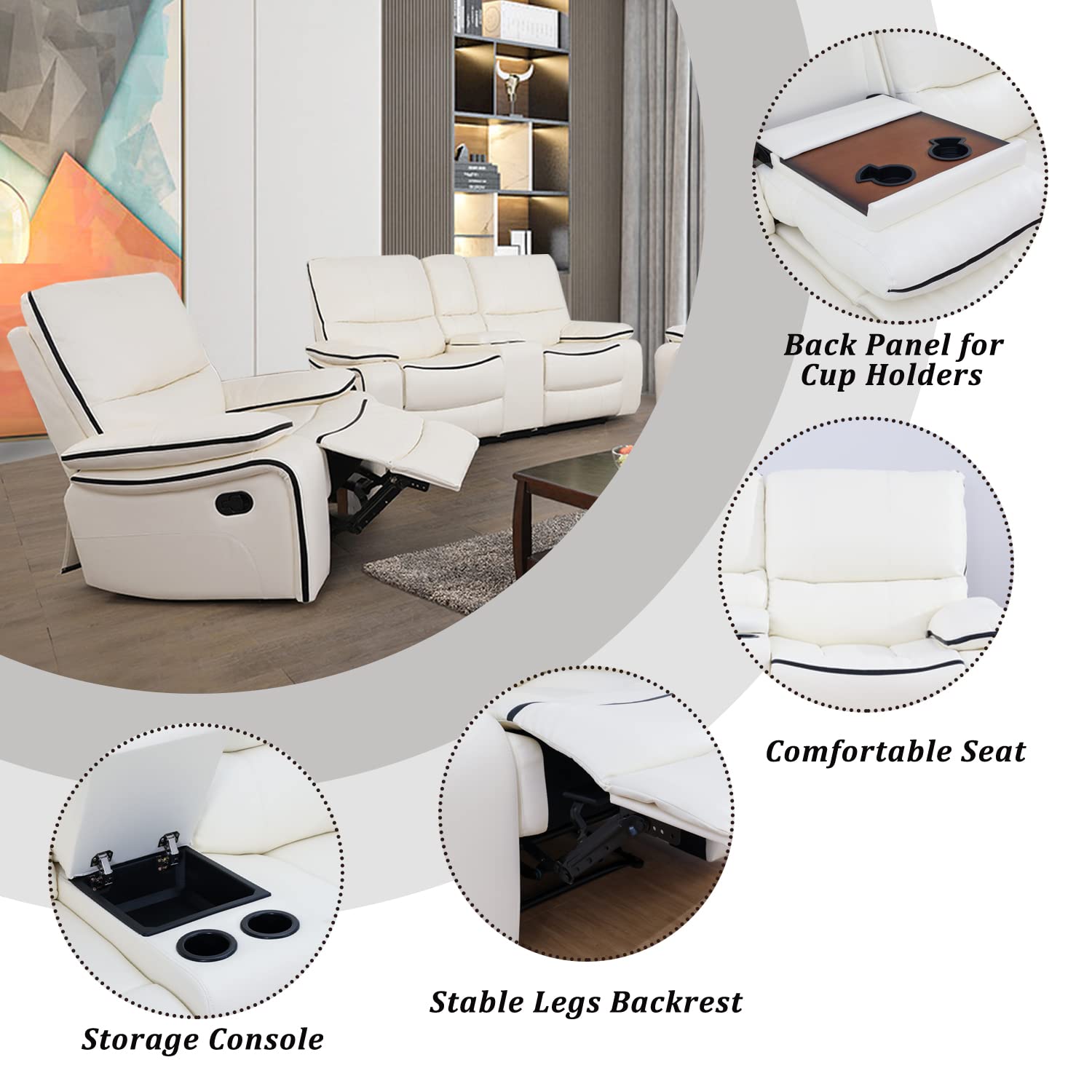 GEBADOL Manual Recliner Sofa Set, Bonded Leather Sofa with Reclining Seaters, Reclining Couch Set with Storage Console and Cup Holders for Living Room/Bedroom/Office/Apartment, Creamy-White
