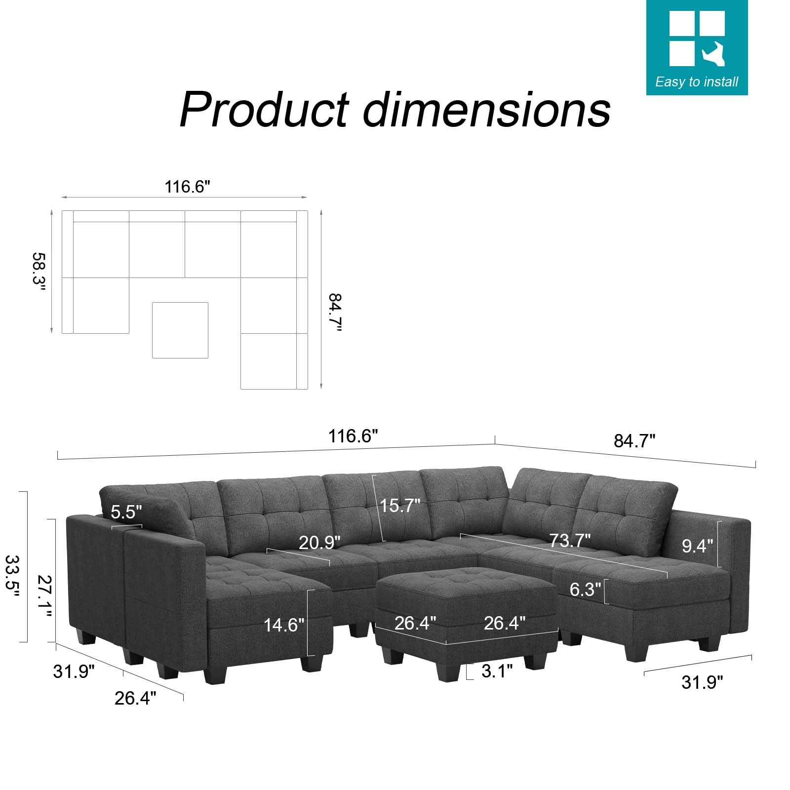 Belffin Modular Convertible Sectional Sofa Couch with Reversible Chaise U Shaped Couch Set with Storage Ottoman Sectional Modular Sofa with Storage Seats Dark Grey