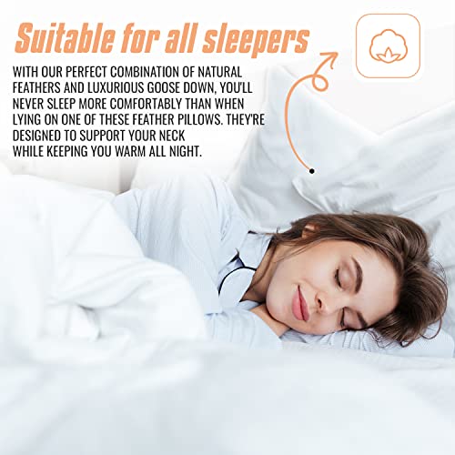 Continental Bedding - White Goose Feather Down Pillows - Standard Queen Size 20x28 Pillow Set of 2-100% Cotton Cover Soft Pillows - Best Down Feather Pillows for Side or Back Stomach Sleeper