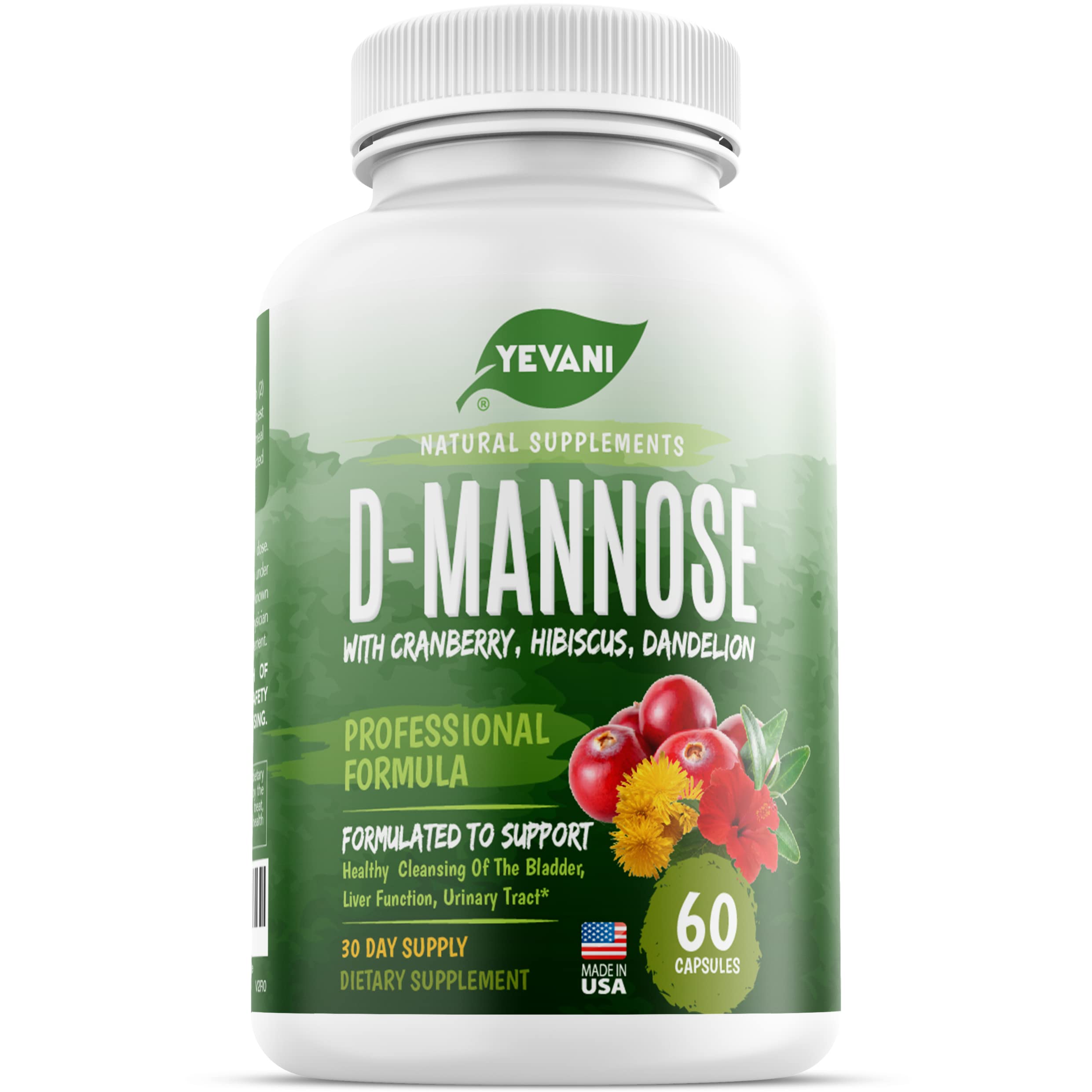 YEVANI 100% Pure D-Mannose Capsules 1000 mg with Cranberry, Hibiscus, and Dandelion Extract, Fast Acting Professional UTI Prevention Formula for Urinary Tract Health and Bladder Support