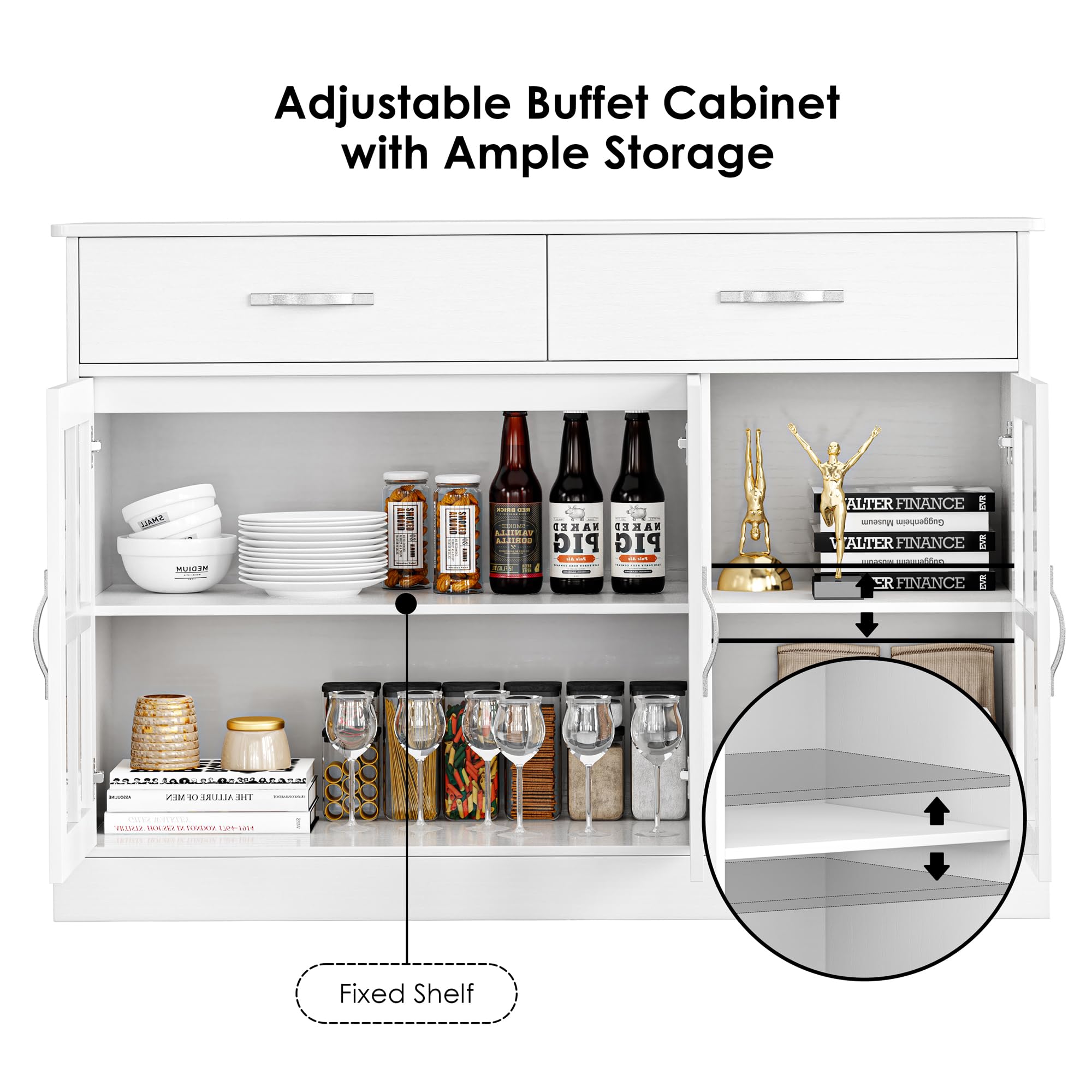 FOTOSOK Sideboard Buffet Cabinet with Glass Doors, Buffet Sideboard Kitchen Sideboard Cabinet Buffet Table with 2 Storage Drawers & Shelves for Dining Living Room, White