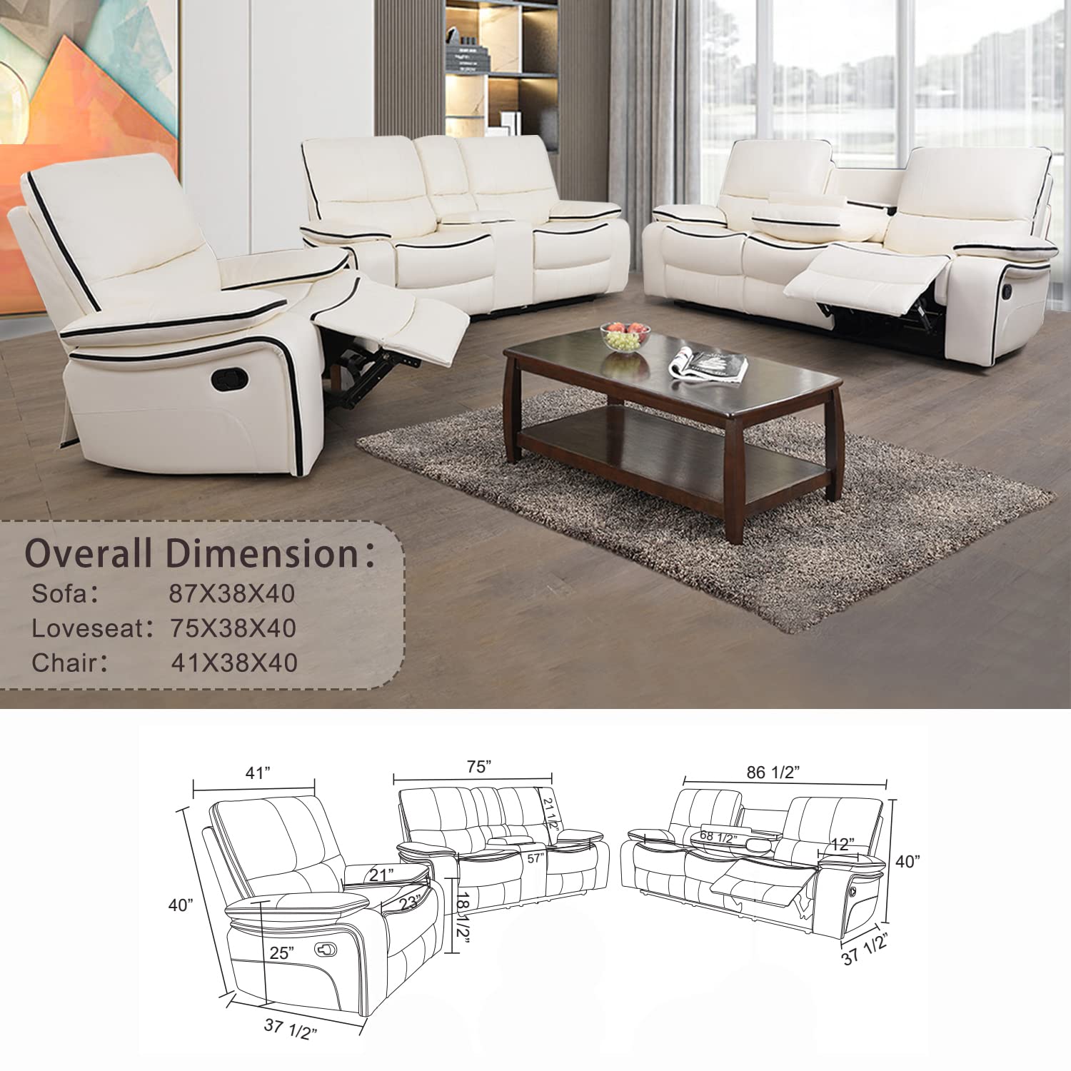 GEBADOL Manual Recliner Sofa Set, Bonded Leather Sofa with Reclining Seaters, Reclining Couch Set with Storage Console and Cup Holders for Living Room/Bedroom/Office/Apartment, Creamy-White