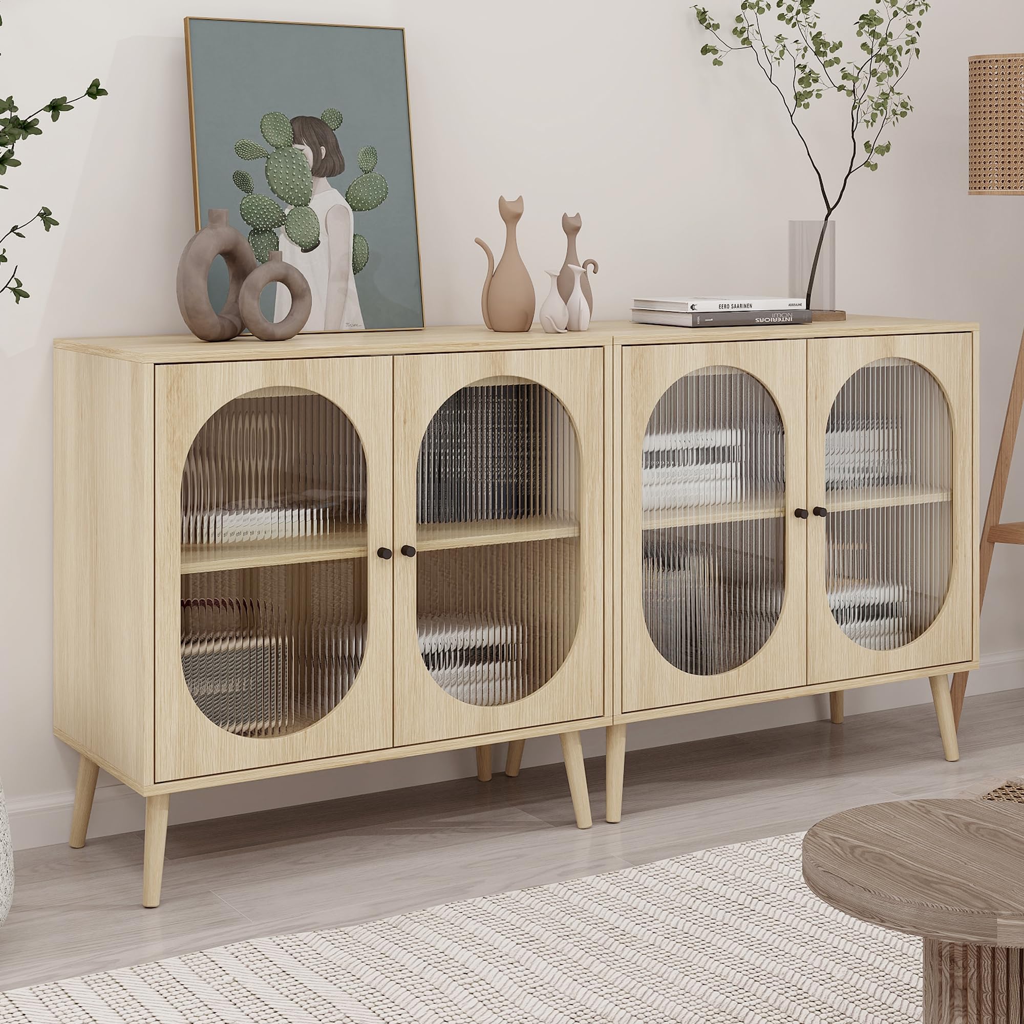 PHOYAL Sideboard Buffet Cabinet, Modern Sideboard Cabinet Accent Storage Cabinet with 2 Doors and Adjustable Shelves Storage Cabinet for Kitchen, Living Room, Hallway, Natural X 2
