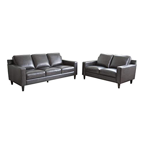 Abbyson Living Milton Leather Sofa & Loveseat - Modern Design, Top Grain Leather, Espresso Wood Accents, 2 Piece Set, Gray