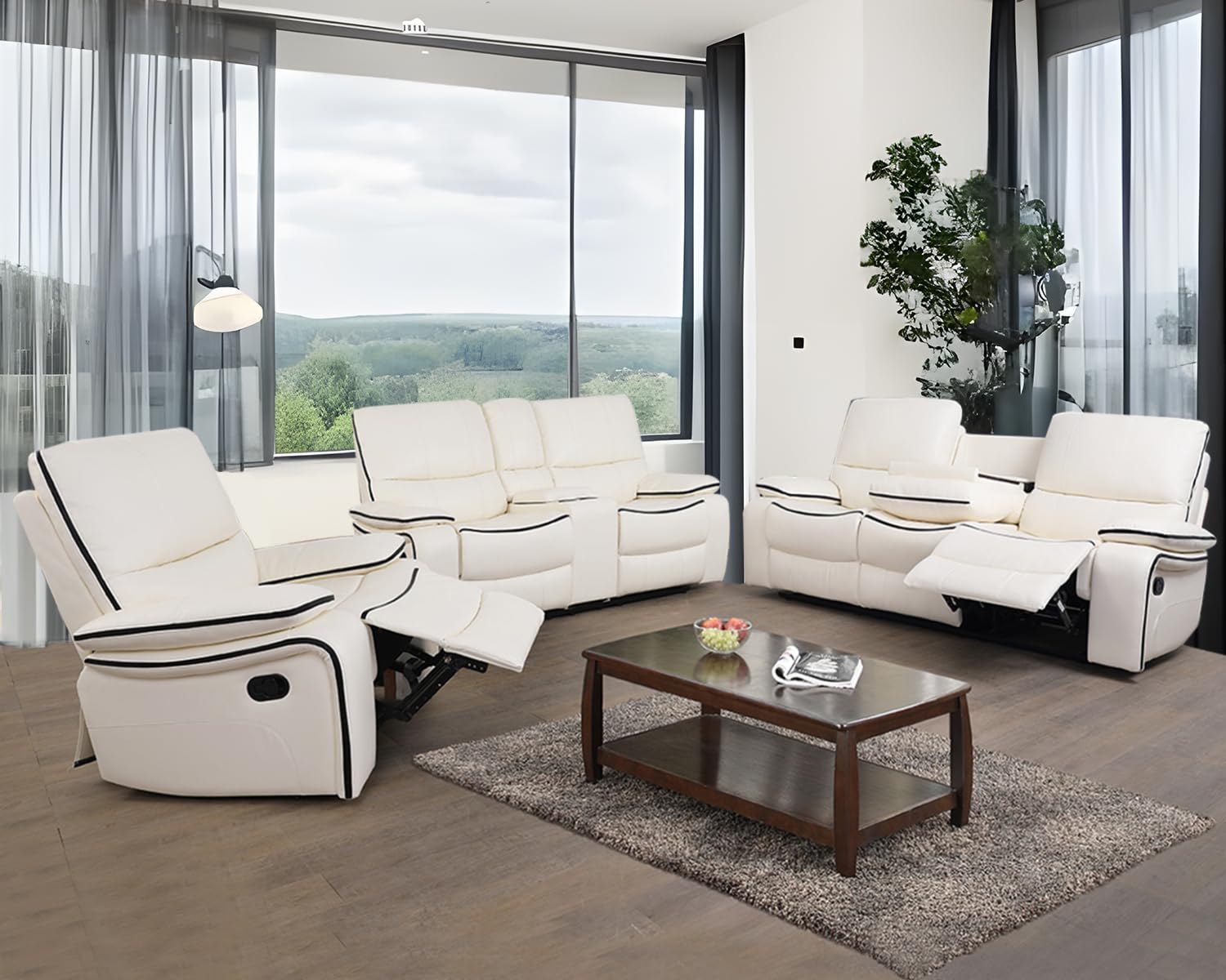 GEBADOL Manual Recliner Sofa Set, Bonded Leather Sofa with Reclining Seaters, Reclining Couch Set with Storage Console and Cup Holders for Living Room/Bedroom/Office/Apartment, Creamy-White