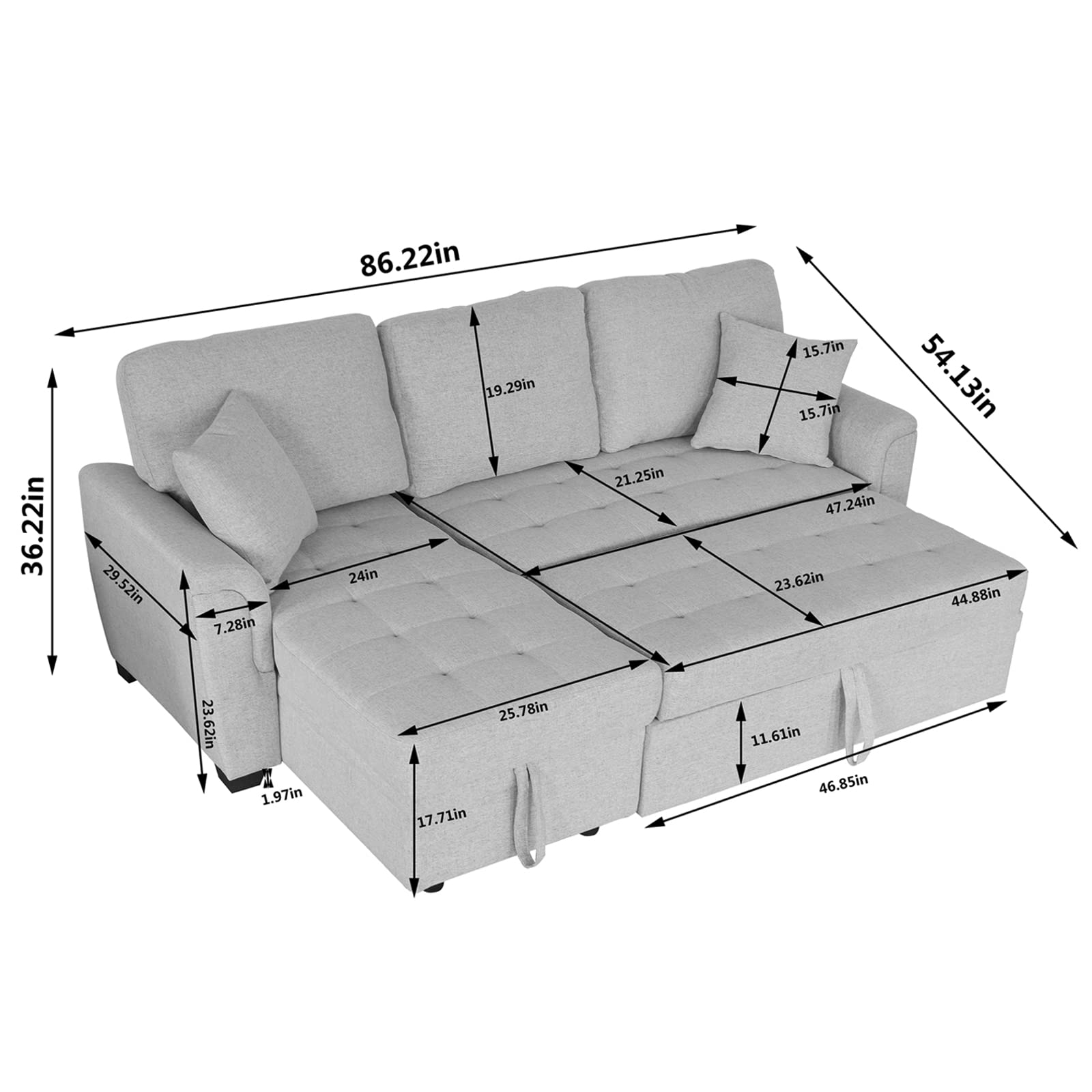 HUMEHA Reversible Sectional Sofa Couch, Light Grey Convertible Pull Out Bed Sleeper Sofa with Storage Chaise Lounge, Upholstered L Shaped Couch with 2 Pillows, Linen Fabric Couches for Living Room