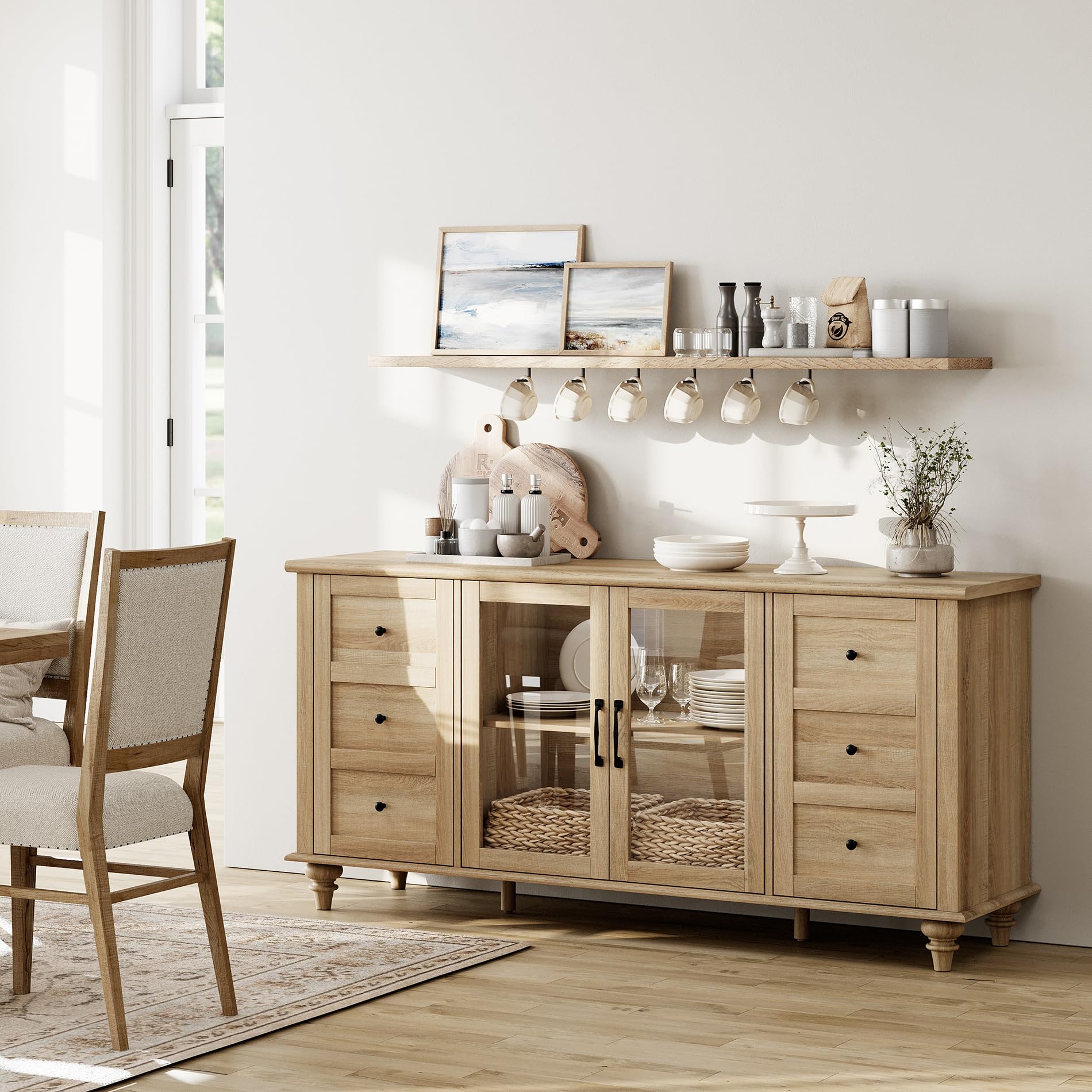 FITUEYES Sideboard Buffet Cabinets with Glass Door, Kitchen Storage Cabinets, Wood Coffee Bar Tables, Accent Sideboard Storage Cabinet Table Dining Room, Living Room,Oak