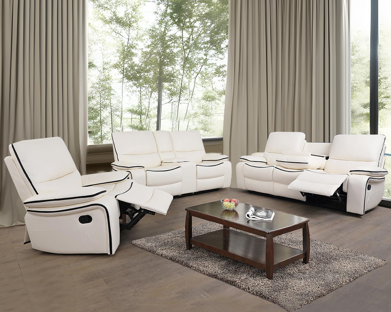 GEBADOL Manual Recliner Sofa Set, Bonded Leather Sofa with Reclining Seaters, Reclining Couch Set with Storage Console and Cup Holders for Living Room/Bedroom/Office/Apartment, Creamy-White