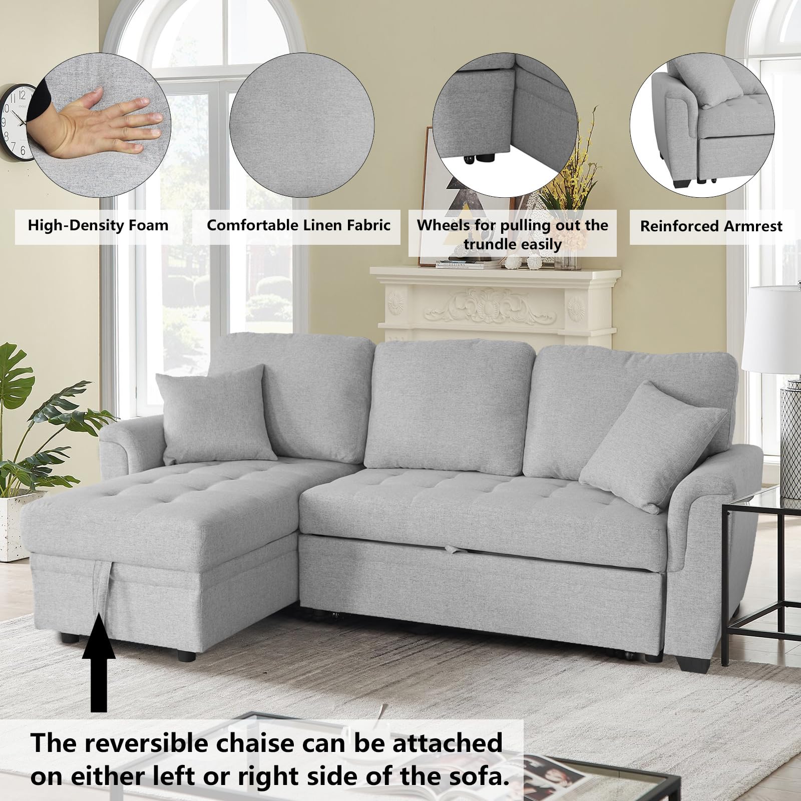 HUMEHA Reversible Sectional Sofa Couch, Light Grey Convertible Pull Out Bed Sleeper Sofa with Storage Chaise Lounge, Upholstered L Shaped Couch with 2 Pillows, Linen Fabric Couches for Living Room
