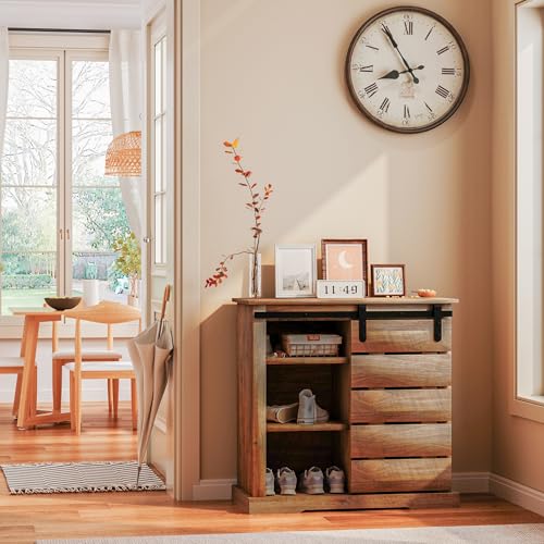 Wonder Comfort Rattan Sideboard Buffet Cabinet with 2 Open Doors, Kitchen Storage Console Table for Living, Dining Room, Bedroom, Entryway, Rustic Brown