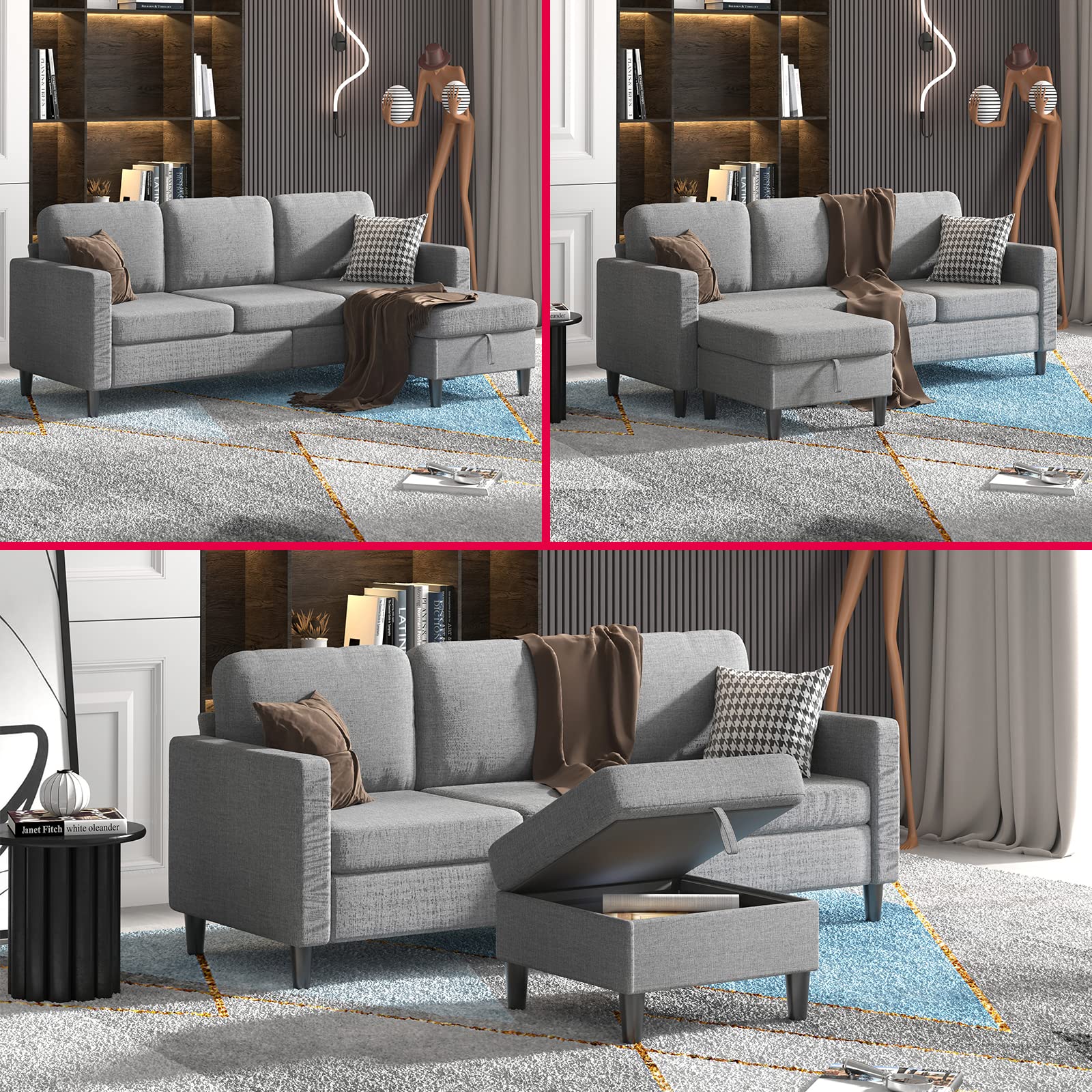 MUZZ 78” Sectional Sofa with Movable Ottoman, Free Combination Sectional Couch, Small L Shaped Sectional Sofa with Storage Ottoman, Modern Linen Fabric Sofa Set for Living Room (Light Grey)