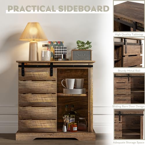 Wonder Comfort Rattan Sideboard Buffet Cabinet with 2 Open Doors, Kitchen Storage Console Table for Living, Dining Room, Bedroom, Entryway, Rustic Brown