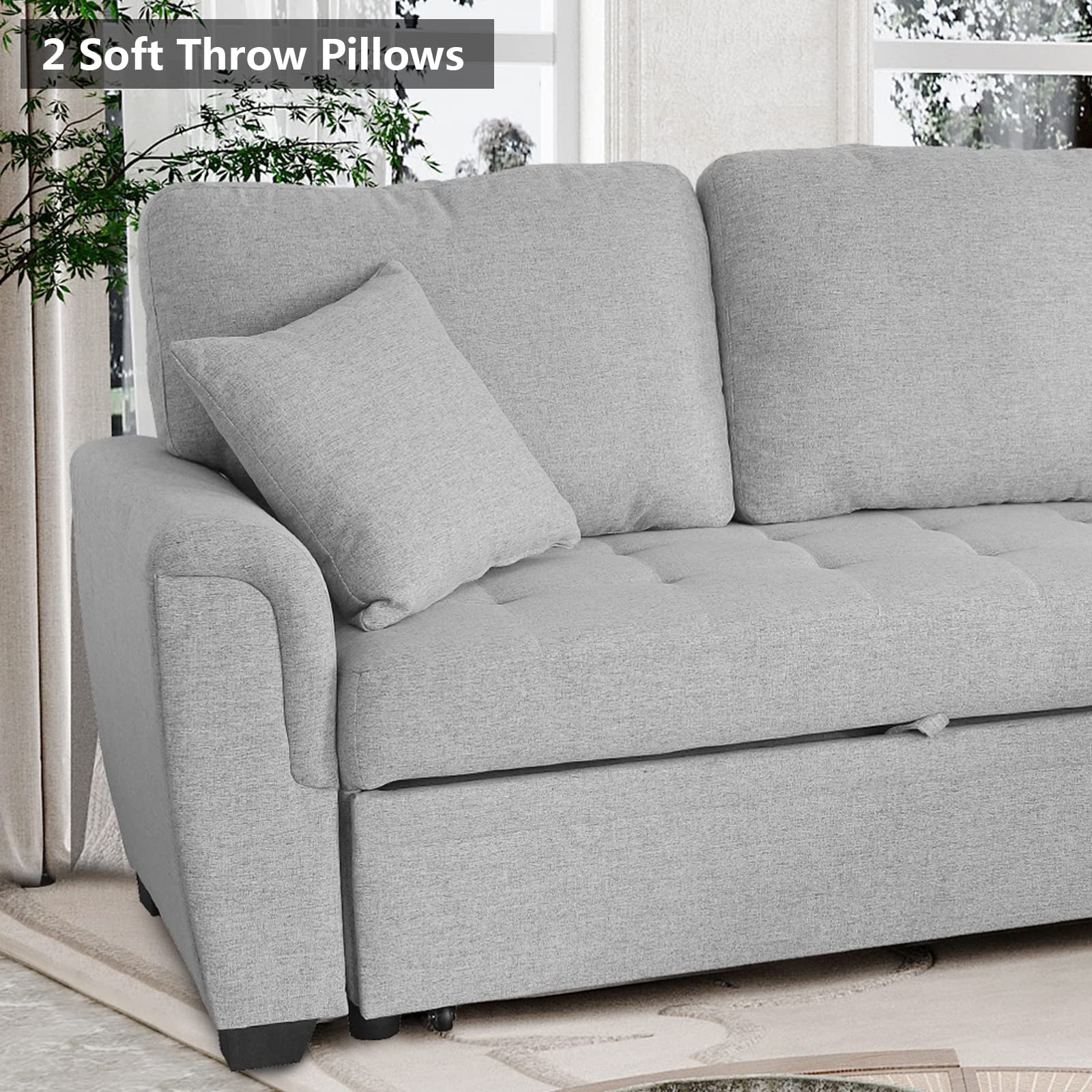 HUMEHA Reversible Sectional Sofa Couch, Light Grey Convertible Pull Out Bed Sleeper Sofa with Storage Chaise Lounge, Upholstered L Shaped Couch with 2 Pillows, Linen Fabric Couches for Living Room