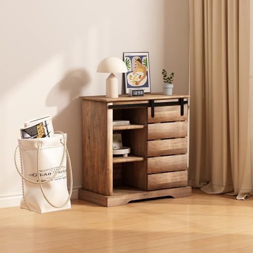 Wonder Comfort Rattan Sideboard Buffet Cabinet with 2 Open Doors, Kitchen Storage Console Table for Living, Dining Room, Bedroom, Entryway, Rustic Brown