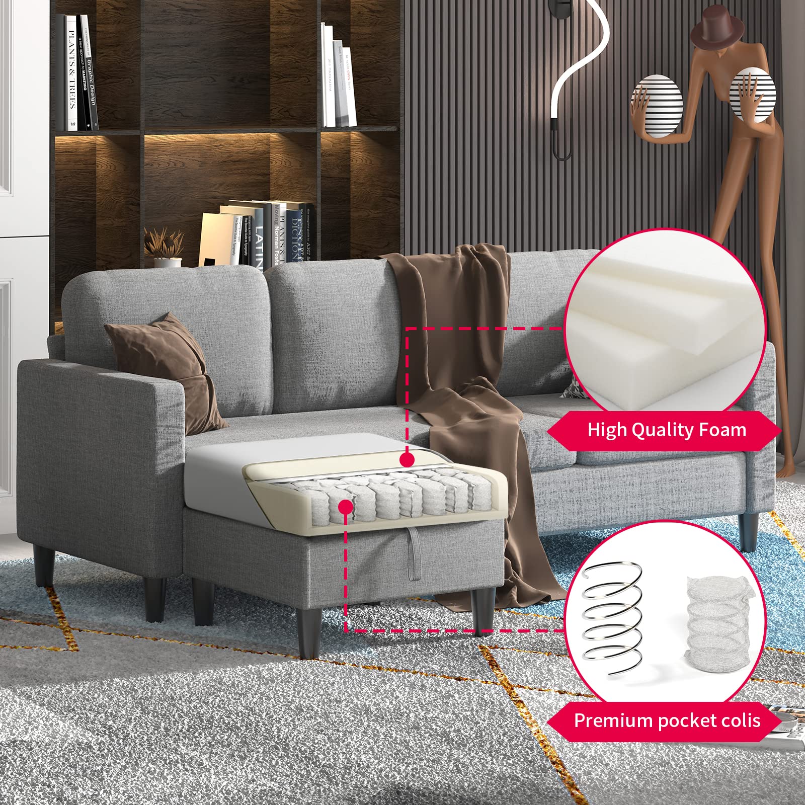 MUZZ 78” Sectional Sofa with Movable Ottoman, Free Combination Sectional Couch, Small L Shaped Sectional Sofa with Storage Ottoman, Modern Linen Fabric Sofa Set for Living Room (Light Grey)