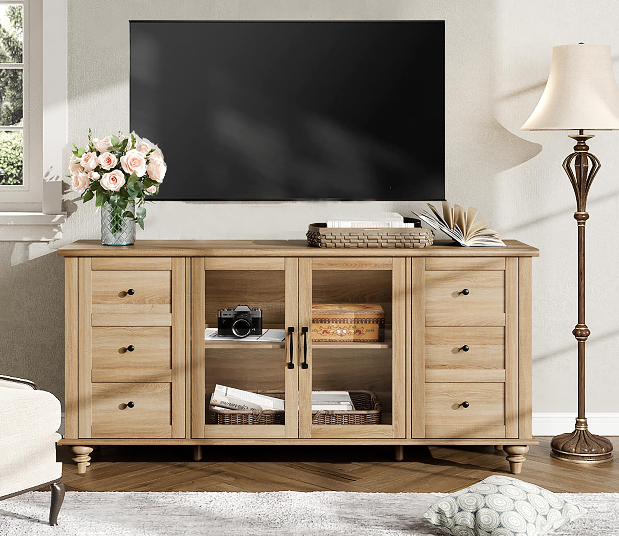 FITUEYES Sideboard Buffet Cabinets with Glass Door, Kitchen Storage Cabinets, Wood Coffee Bar Tables, Accent Sideboard Storage Cabinet Table Dining Room, Living Room,Oak