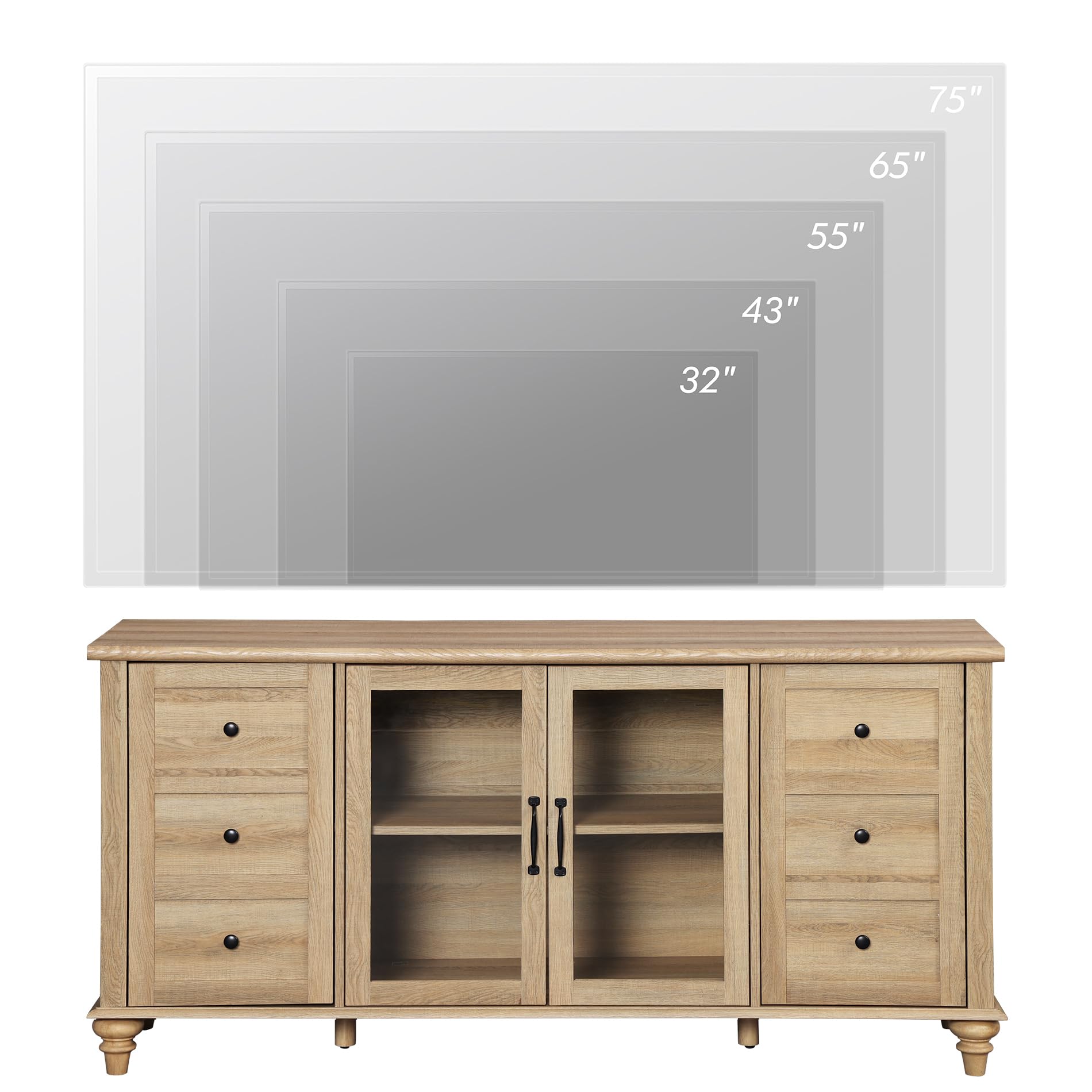 FITUEYES Sideboard Buffet Cabinets with Glass Door, Kitchen Storage Cabinets, Wood Coffee Bar Tables, Accent Sideboard Storage Cabinet Table Dining Room, Living Room,Oak