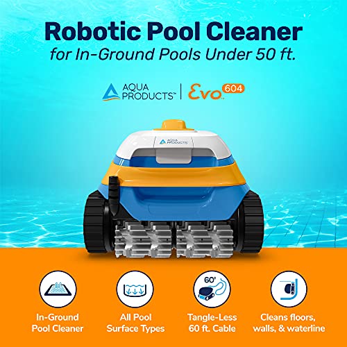 Aqua Products Evo604 Robotic Pool Cleaner, Automatic Vacuum for Inground Pools up to 50ft, 60ft Cable with Swivel, Wall Climbing Vac w/Strong Suction & Easy to Clean Top Loading Filter