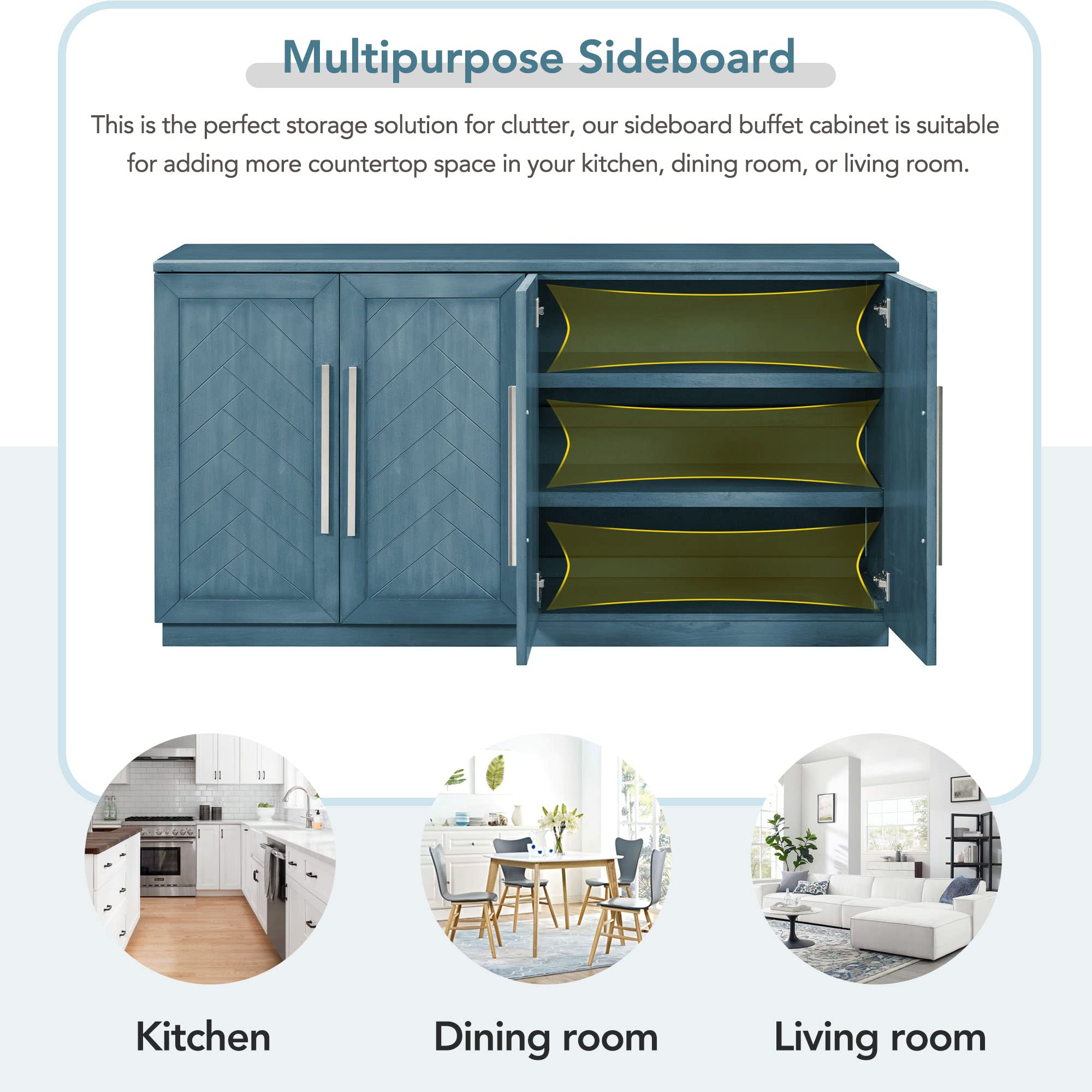 GLANZEND Modern Sideboard with 4 Doors Large Storage Space, Buffet Cabinet with Shelves and Silver Handles, Console Sofa Table for Entryway/Hallway/Living Room, Antique Blue