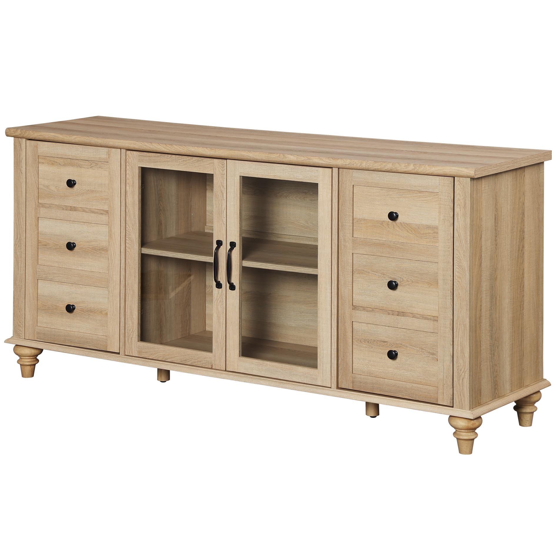 FITUEYES Sideboard Buffet Cabinets with Glass Door, Kitchen Storage Cabinets, Wood Coffee Bar Tables, Accent Sideboard Storage Cabinet Table Dining Room, Living Room,Oak