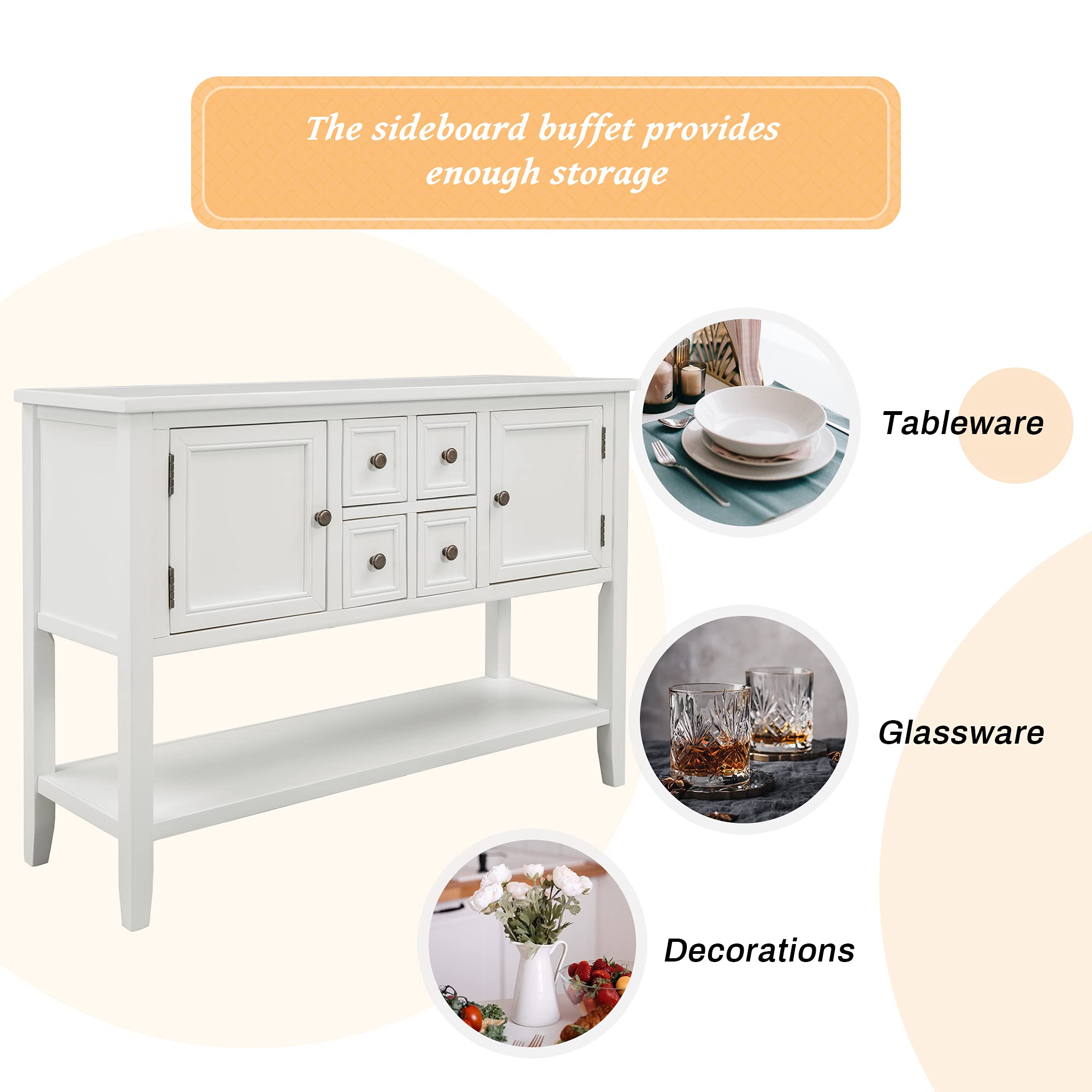 Aprilsoul Buffet Sideboard with Storage, Console Table with 4 Drawers, 2 Cabinets and Bottom Shelf for Livingroom Apartment Hallway, White