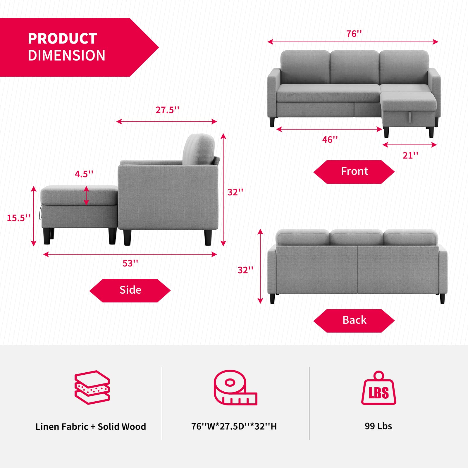MUZZ 78” Sectional Sofa with Movable Ottoman, Free Combination Sectional Couch, Small L Shaped Sectional Sofa with Storage Ottoman, Modern Linen Fabric Sofa Set for Living Room (Light Grey)