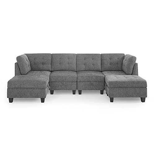 FULife Free Combination Modular Sofa Reversible Sectional Couch Oversized U Shaped Sofá Upholstery Deap Seat Sleeper Couches Bed with Storage for Living Room,2 Single Chair,Two Corner,Double Ottoman